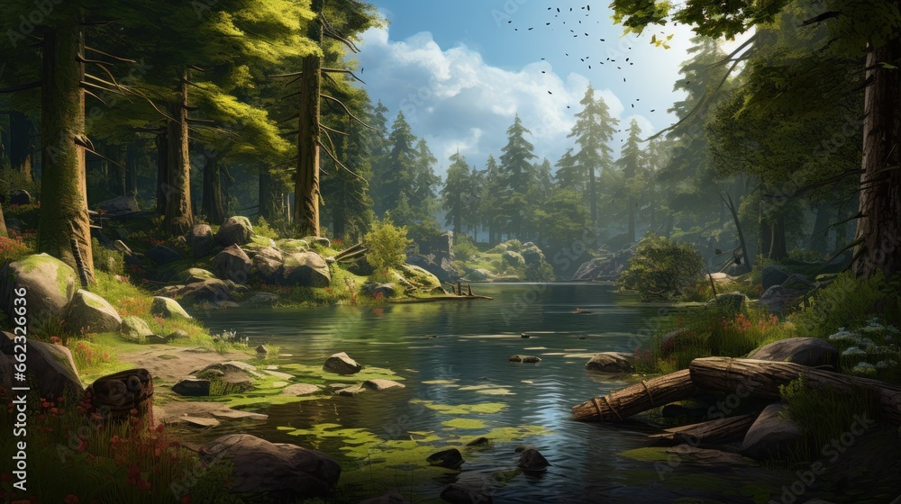 Depict a game art scene of a secluded forest, with serene lakes, and ...