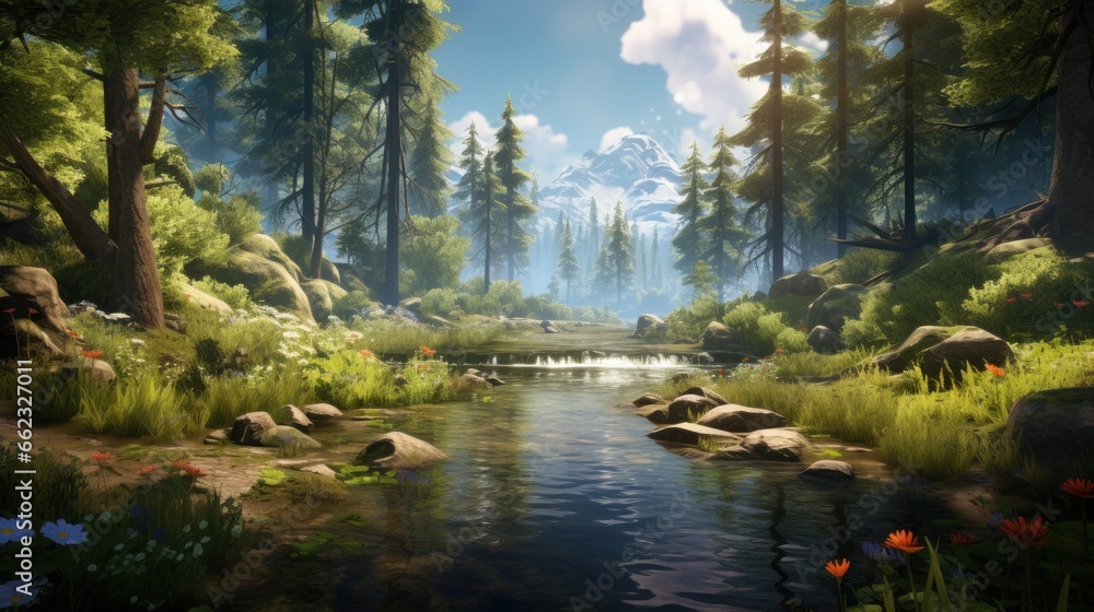 Depict a game art scene of a secluded forest, with serene lakes, and ...