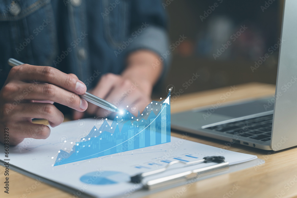 Business documents analysis virtual blue chart, graph. Man working and ...