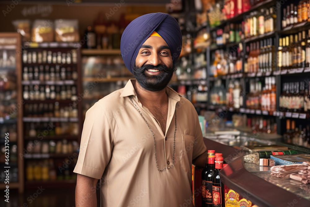 Smiling Punjabi Liquor store worker or owner posing looking at the ...