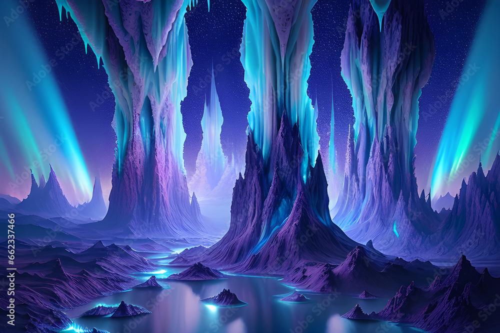 surreal landscape with towering crystalline spires, cascading ...