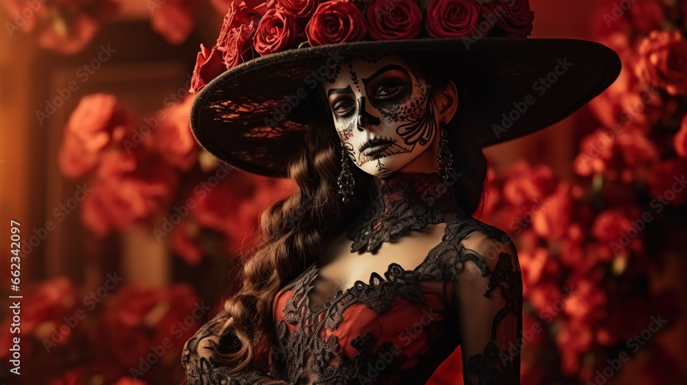 Calavera Catrina, Portrait of a woman with sugar skull makeup over red ...