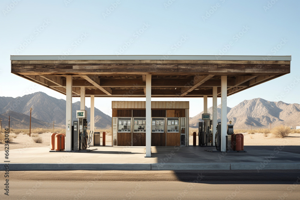 Set against a backdrop of rolling hills, a rustic gas station with a ...