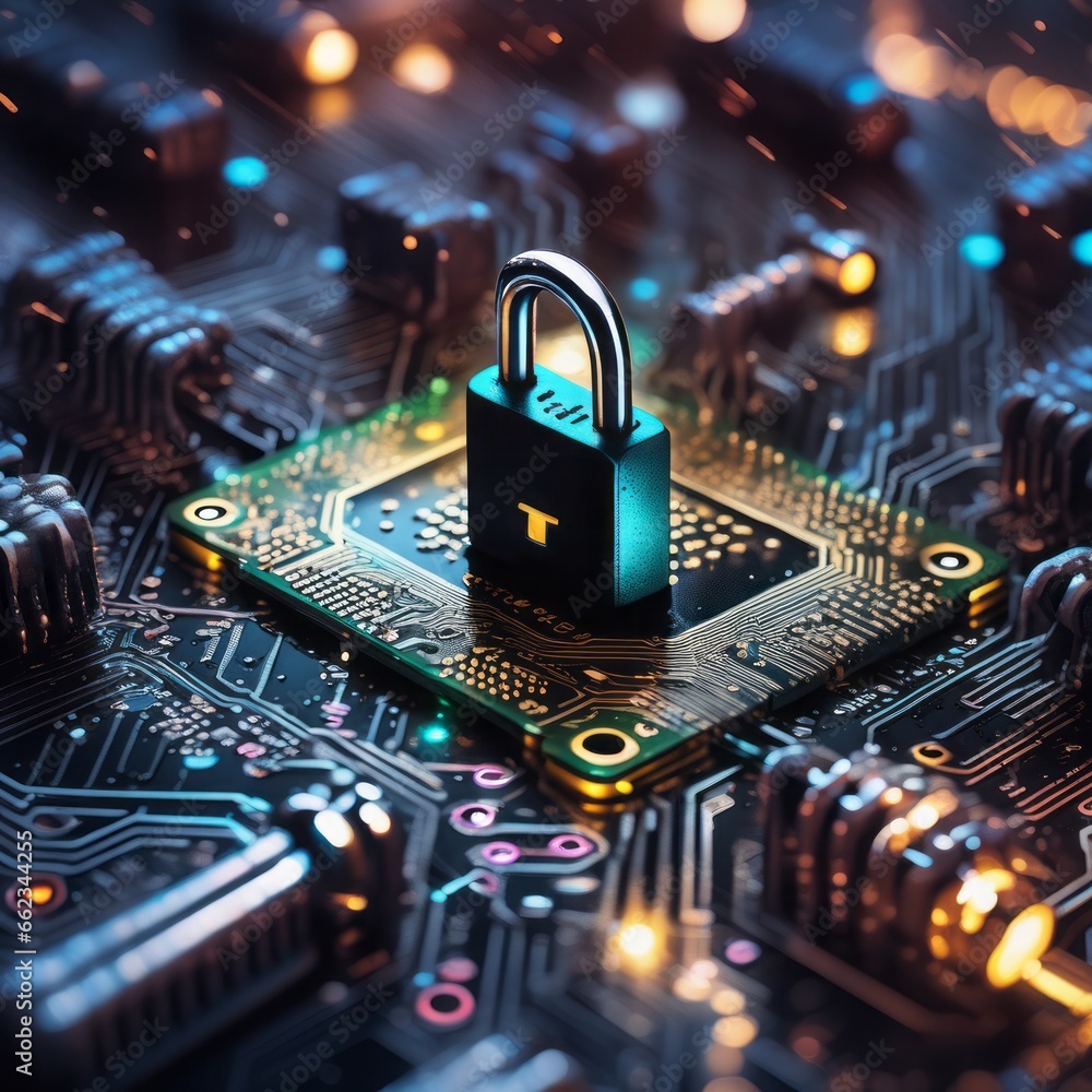 Foto de 3d rendering cyber security concept with binary circuit lock ...