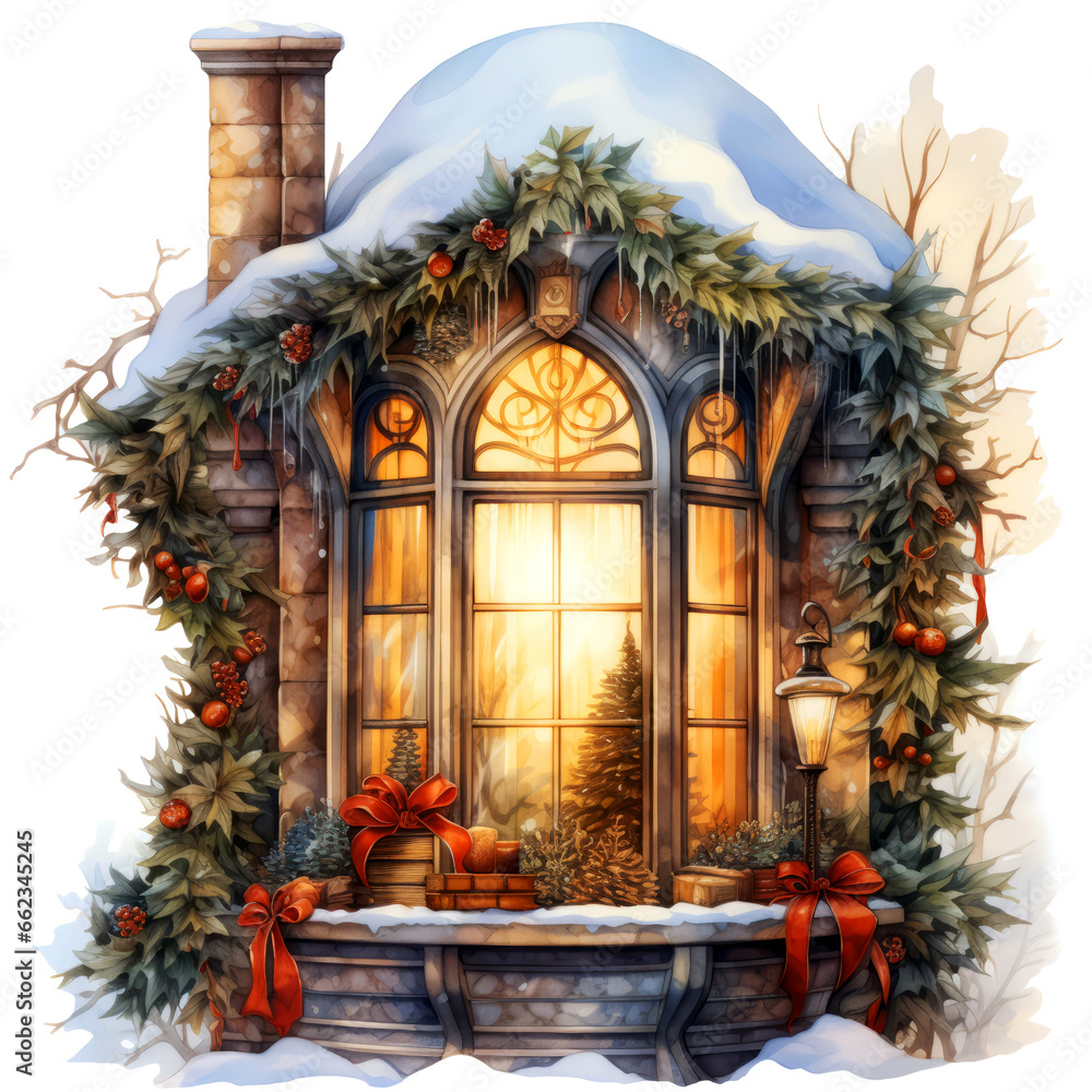 Christmas decorated window watercolor Clipart isolated on Transparent ...