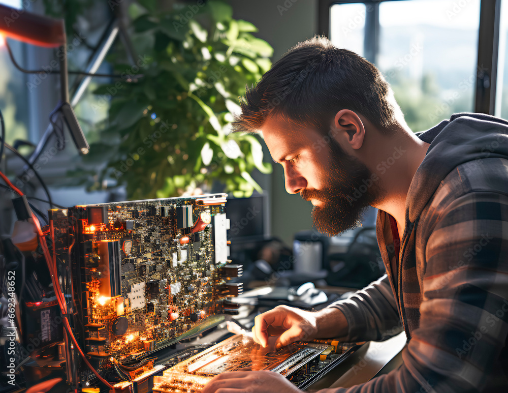 young man inventor creating a new invention. Person fixing an ...