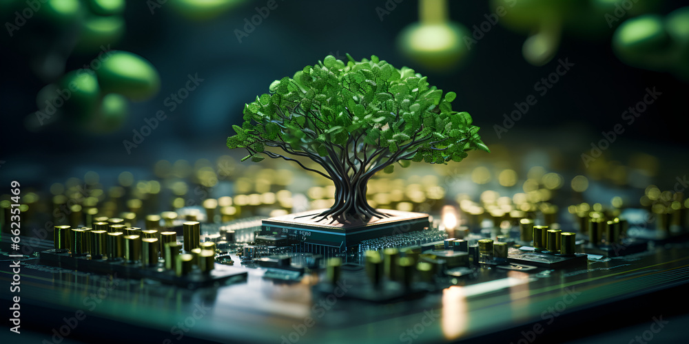 A computer circuit with a tree growing out of it, Tree growing on the ...