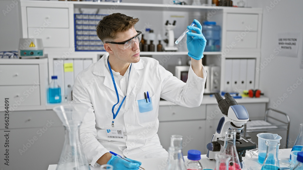 Handsome young caucasian man, a dedicated scientist, meticulously ...