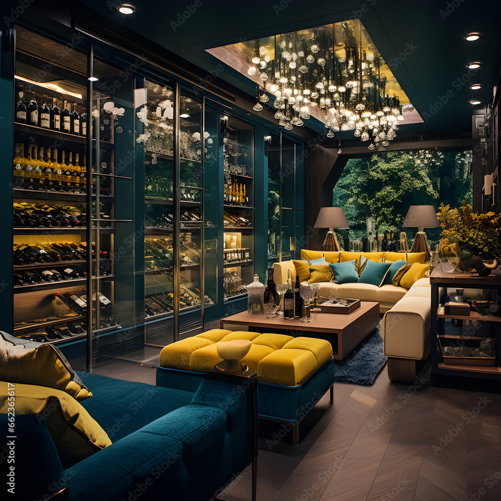 A modern luxury wine cellar with interior design featuring a yellow and ...