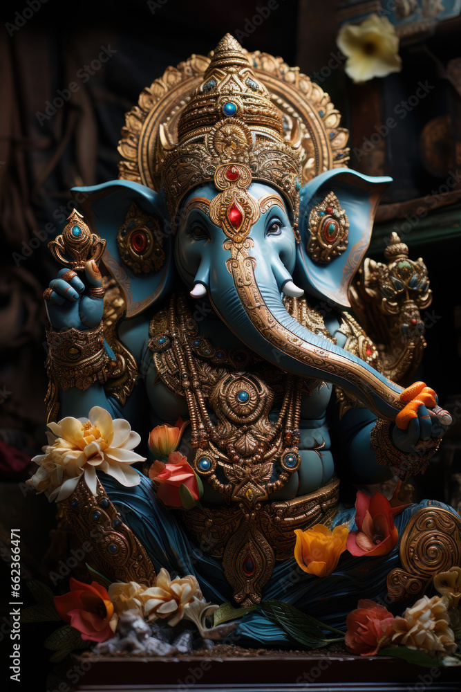 Hindu God Ganesha or Lord Ganesha in beautiful sitting pose on dark ...