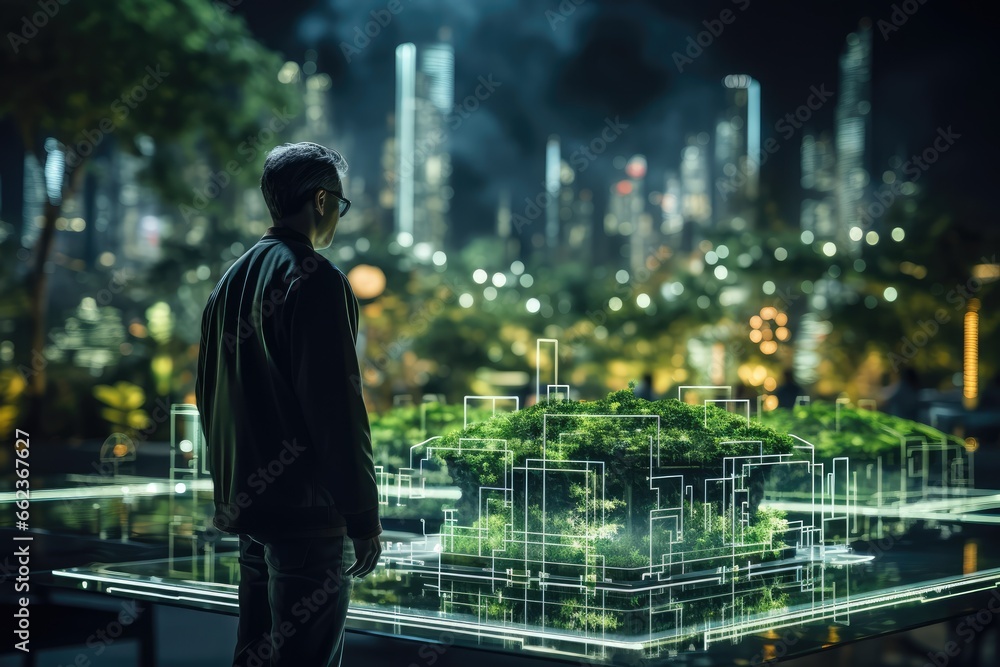 Digital Twin Tech - Engineer against a matrix-green backdrop mirroring ...