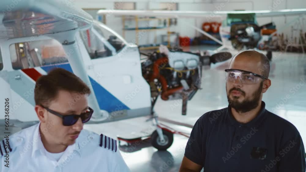 Sequence shots of an aircraft mechanic and the pilot inspecting the ...