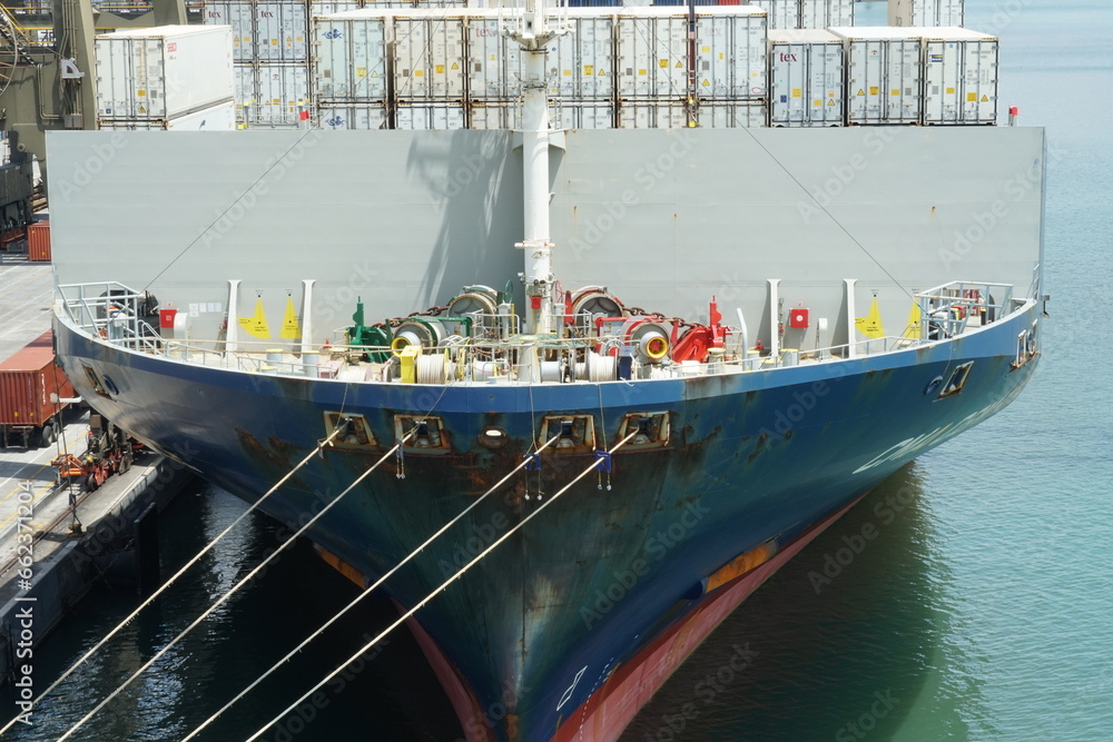 Bow and forward mooring station of the blue fully loaded vessel with ...