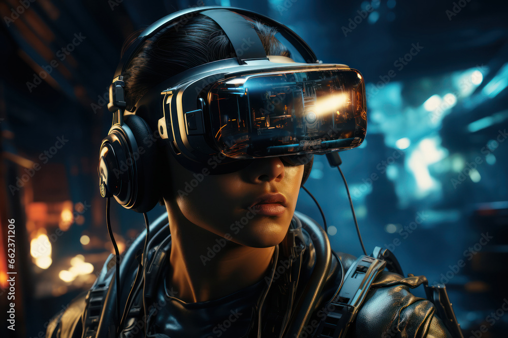 A virtual reality headset worn by a gamer, blurring the lines between real and digital worlds ...