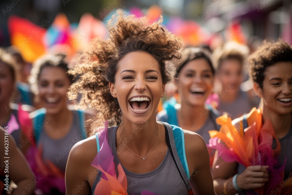 A motivating scene of a group of friends participating in a charity run ...