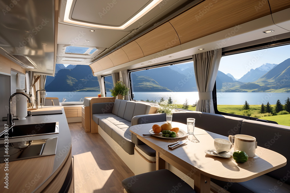 Camping trailer car interior. Rv motorhome room inside view, cozy place ...