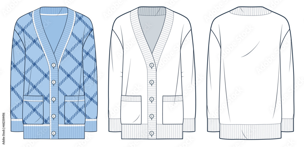 Cardigan Sweater technical fashion illustration, plaid design ...