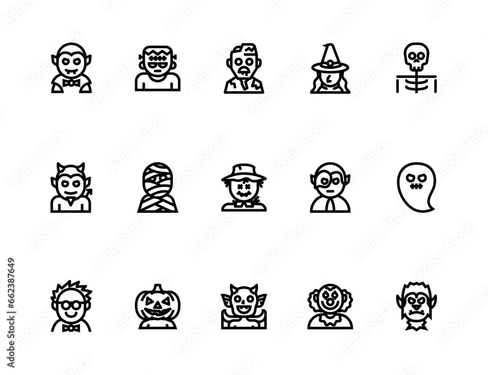 Halloween characters icon set, adjustable line weight icons, vampire ...
