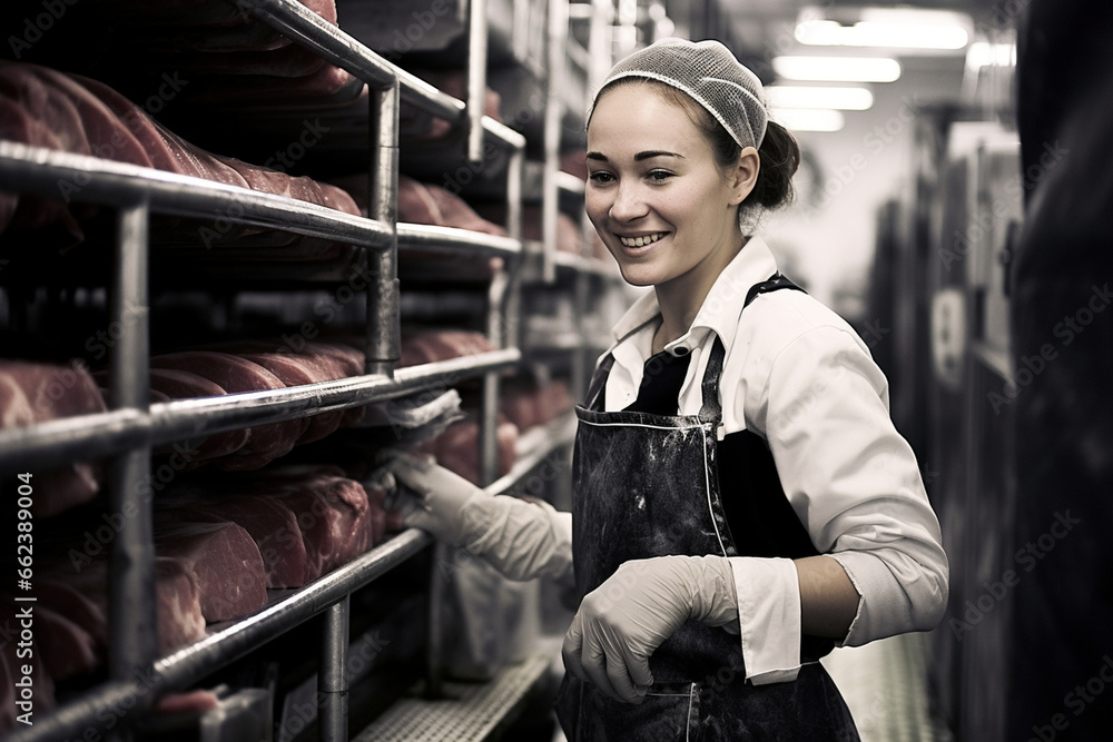 In the refrigerated area of the meat processing plant, a woman with ...