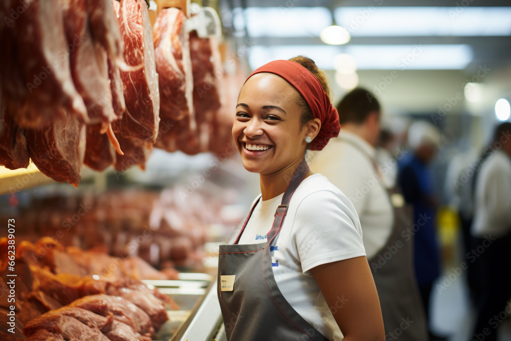 Amidst a busy meat processing line, a woman supervises the slicing of ...