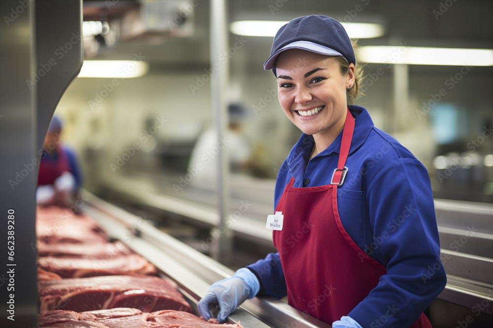 Within the meat processing plant's slicing area, a woman smiles as she ...