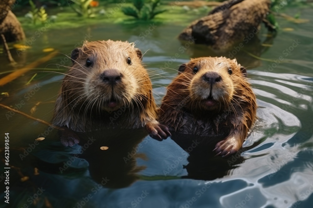 Two beavers are depicted swimming in the water. This image can be used ...