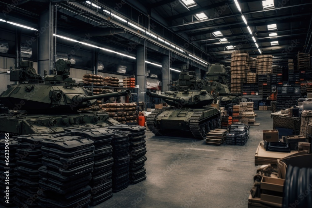A large warehouse filled with lots of tanks. This image can be used to ...