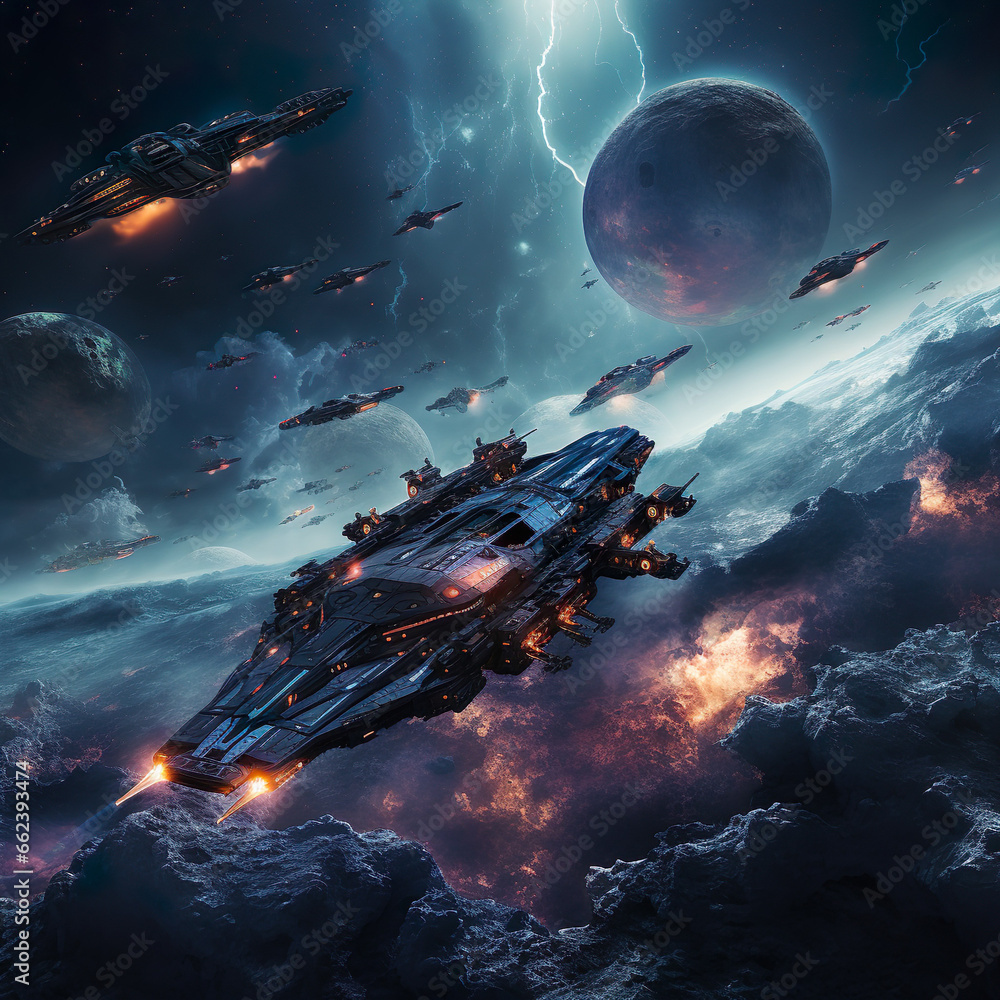 Super sonic space fighters engaging in a battle in space Stock ...