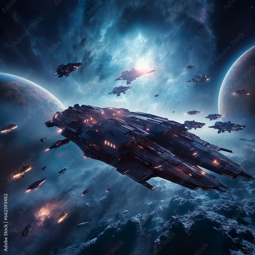 Fleet of military space ships engaging in a battle in space Stock ...