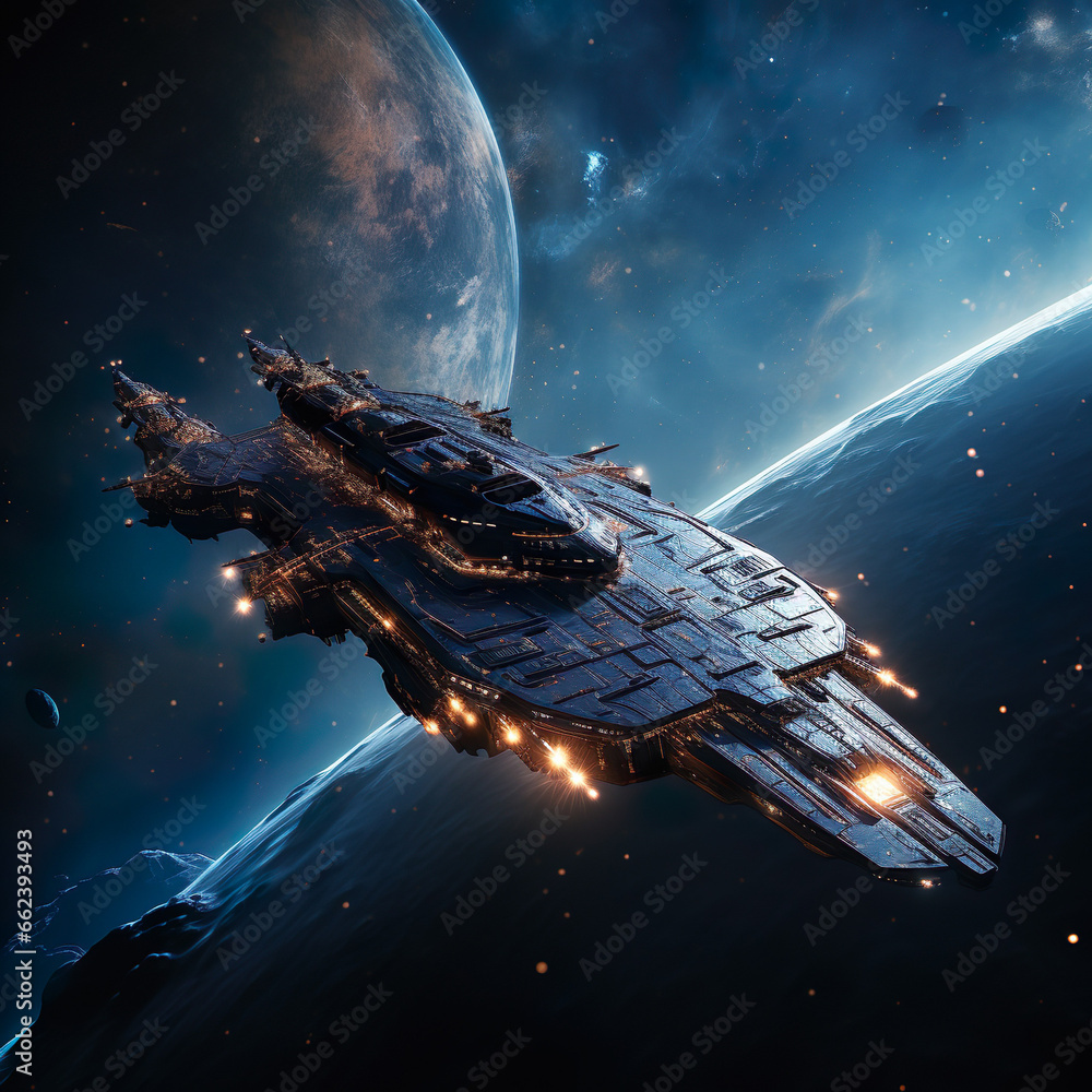 A massive military battlecruiser starship prepared to face its enemies ...