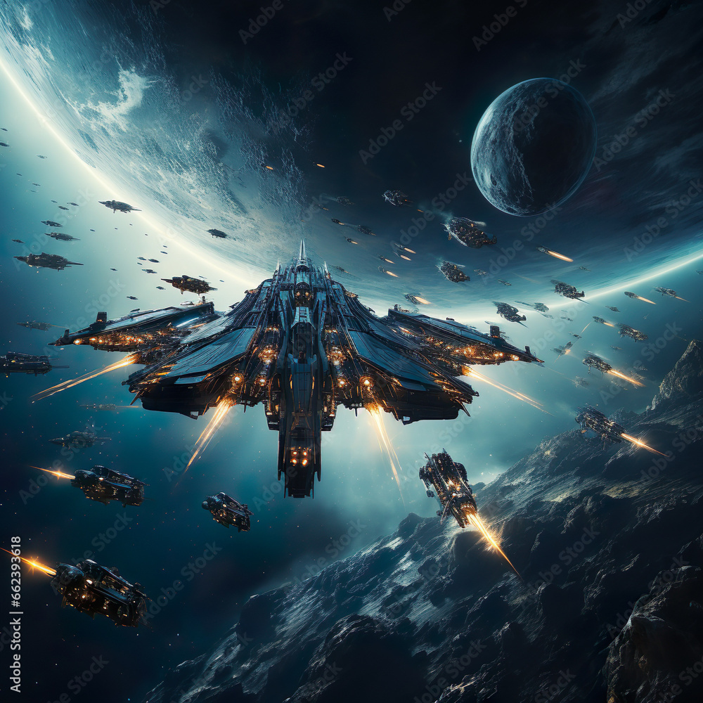 Fleet of military space ships engaging in a battle in space Stock ...