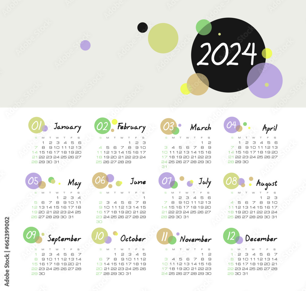 Vector calendar 2024 year. Week starts from Sunday Stock Vector | Adobe ...