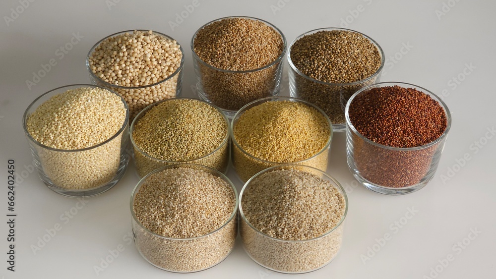 Single image showing all the nine millets. Millets in bowls filled to ...