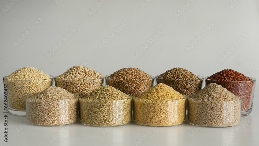 A single image showing all the nine millets. Millets filled in bowls to ...