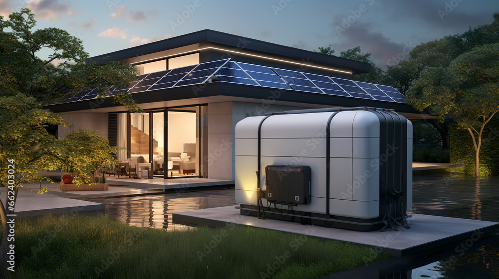 Hydrogen fuel cell power generator near residential house, clean energy ...