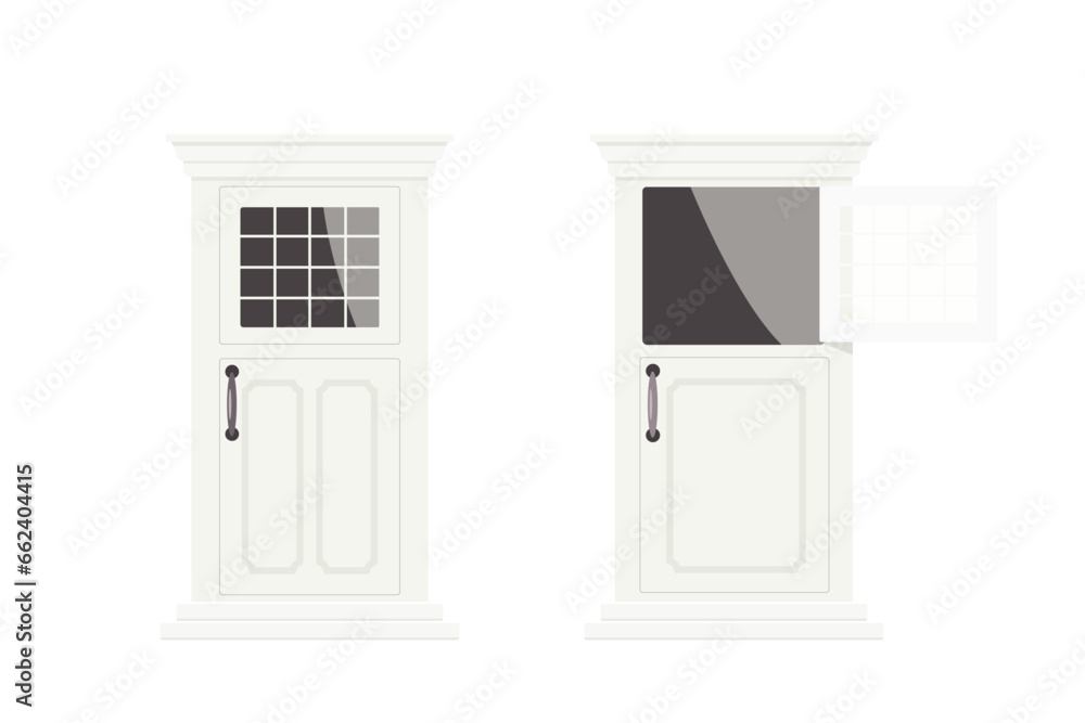 Cute white vintage doors with open and close window. Isolated on white background. Rural house ...