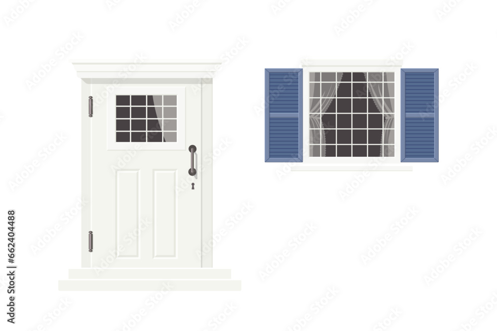 Cute white vintage door and window with blue shutters. Isolated on ...