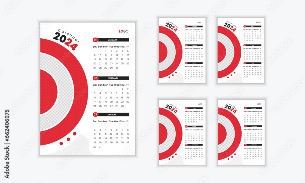 Corporate Red wall calendar design template for 2024 year. Editable 12 ...