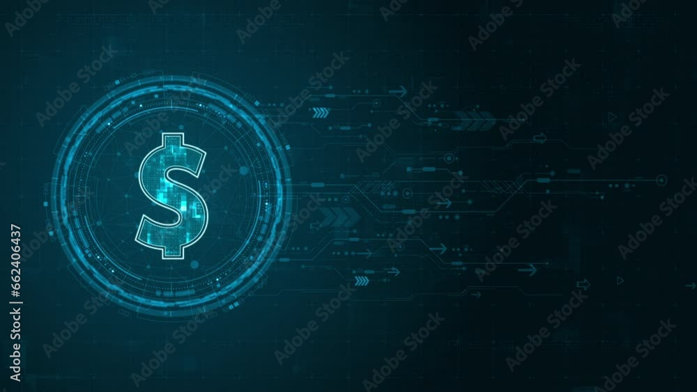 Motion graphic of Blue digital money logo with rotation HUD UI circle ...