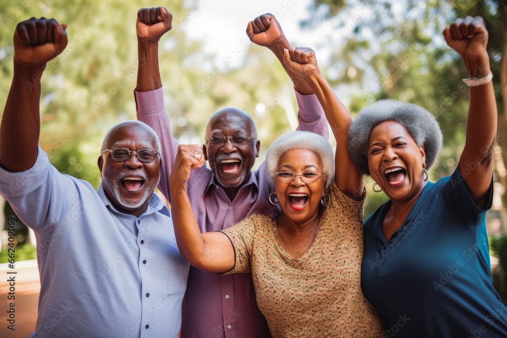 Group of senior african american friends embracing and posing for the ...