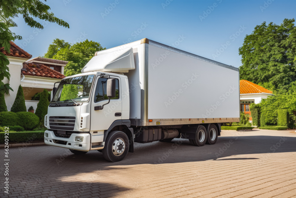 Truck delivery. Packages being delivered with a big truck. Cardboard ...