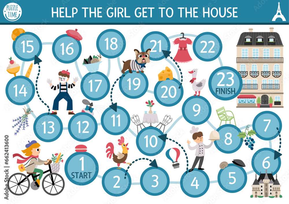 Grafika wektorowa Stock: France dice board game for children with girl ...