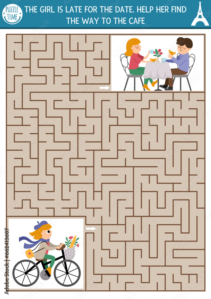 France maze for kids with girl riding bike. French preschool printable ...