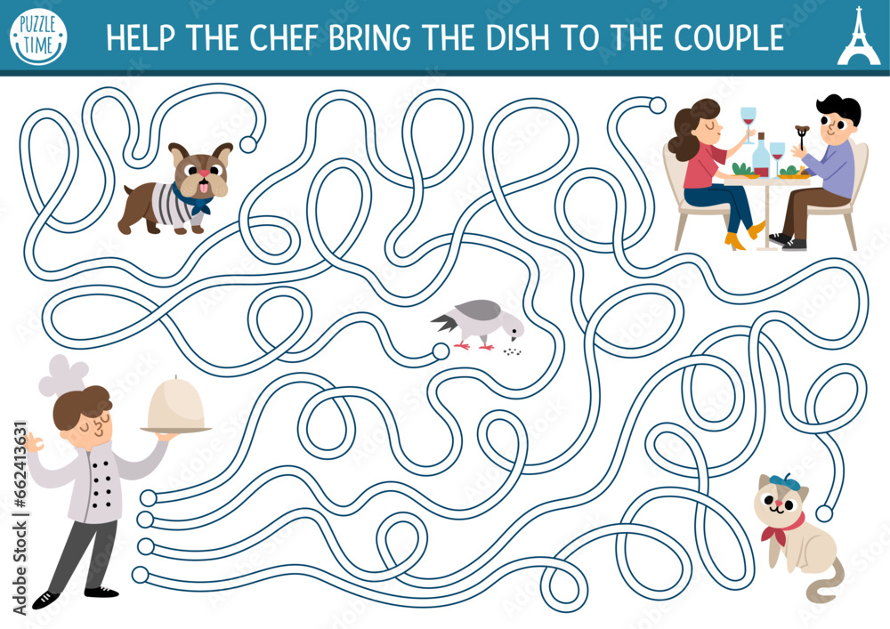 France maze for kids with cook. French preschool printable activity ...