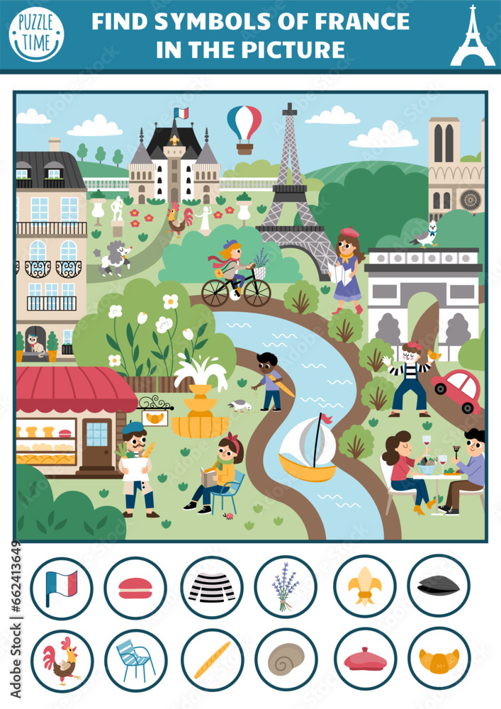 Vector French searching game with Paris city landscape, park, people ...