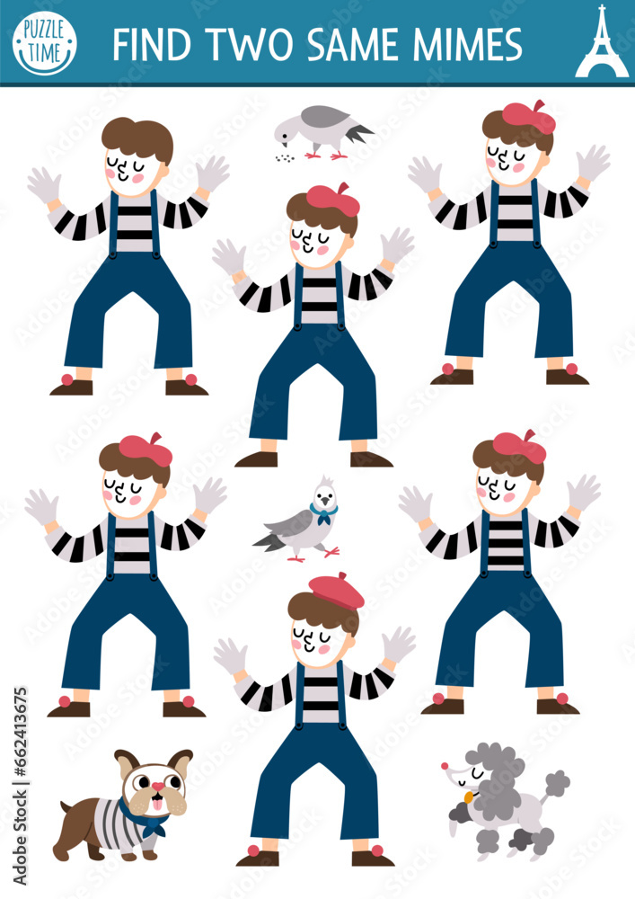 Find two same mimes. Matching activity for children with French ...