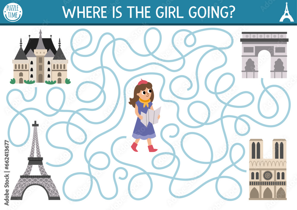 France maze for kids with tourist girl and Paris places of interest ...