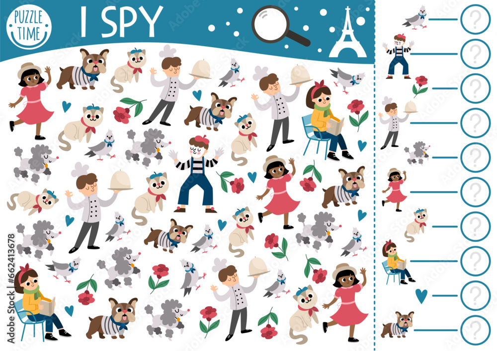 France I spy game for kids. Searching and counting activity with people ...