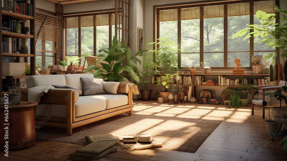 Feng Shui living room, wood elements, water fountain, airy and ...