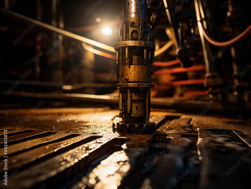 close - up of oil rig's drill bit and platform floor, muddy, high ...